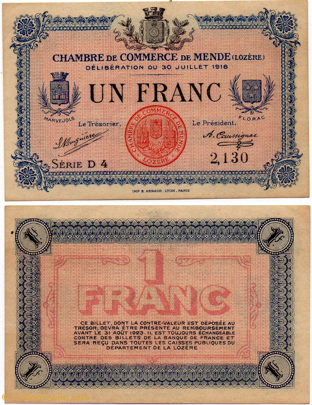 1 franc C.C.M. - Série D4 - Europe - France - Billets de nécessité 1 franc C.C.M. - Série D4 - Europe - France - Billets de nécessité